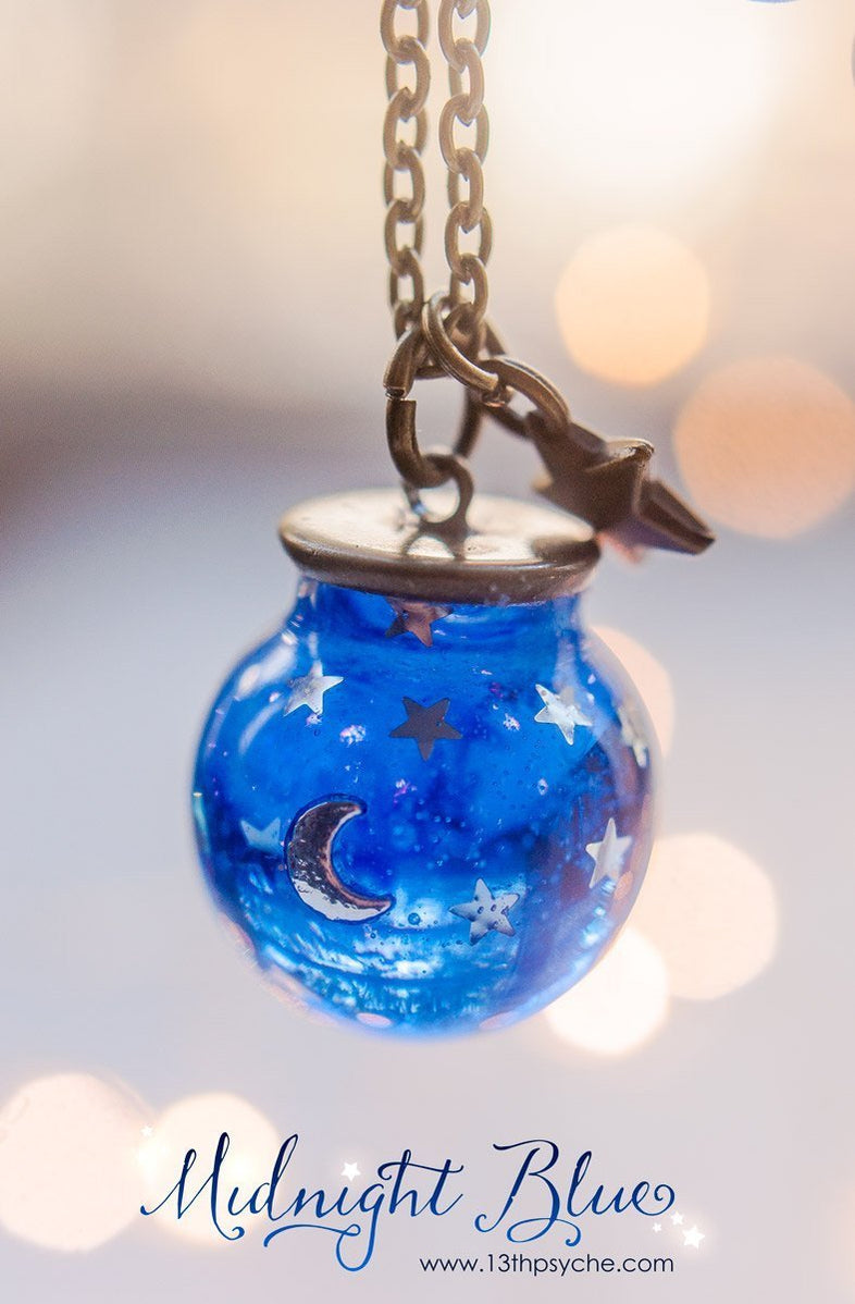 Handmade Moon and stars blue sphere necklace | 13th Psyche