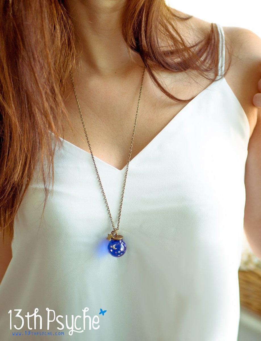 Handmade Moon and stars blue sphere necklace | 13th Psyche