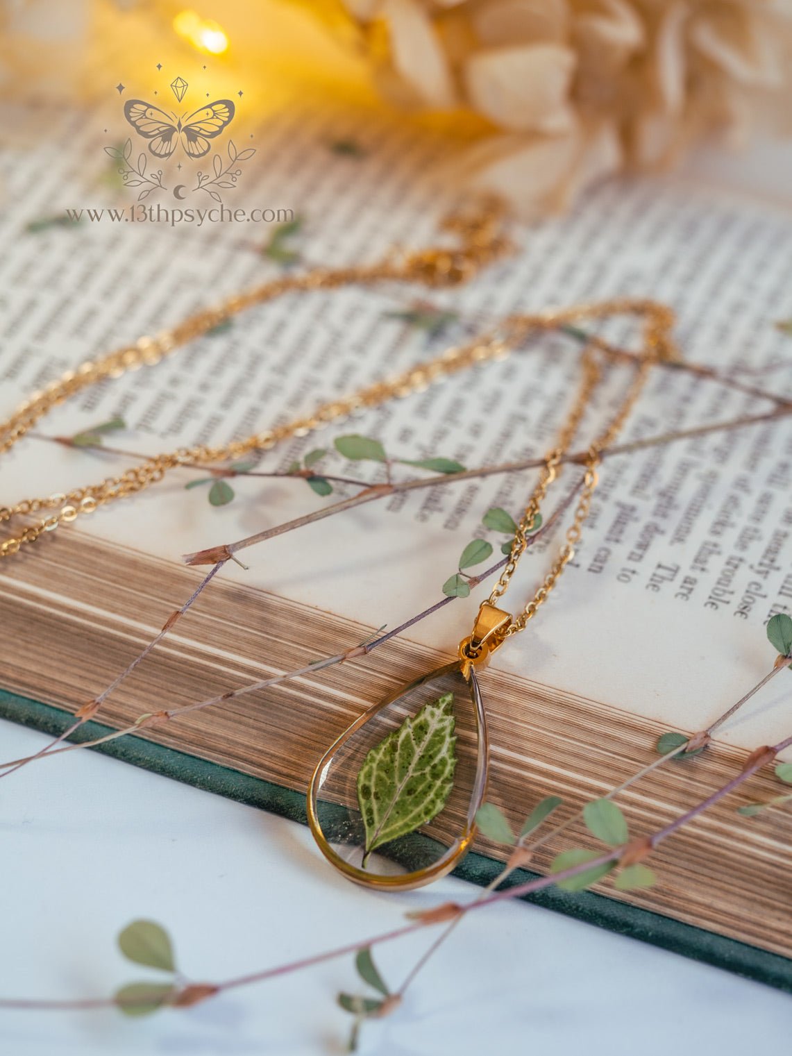 Green dried Leaf teardrop resin pendant necklace | 13thpsyche– 13th Psyche